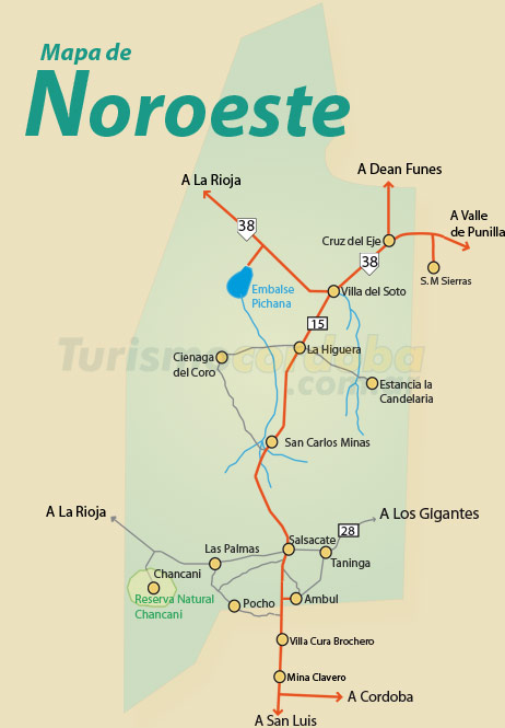 Mapa de Noroeste, Córdoba, Rutas y Accesos